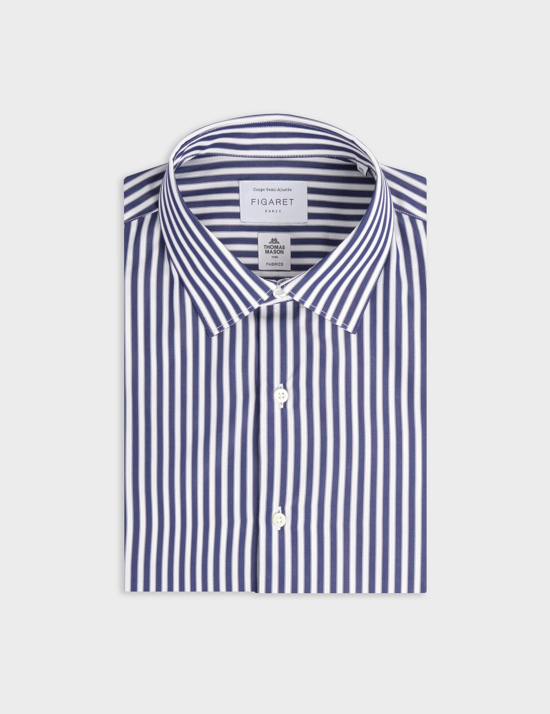 Chemise semi-ajustée rayée bleu marine - Popeline - Col Figaret